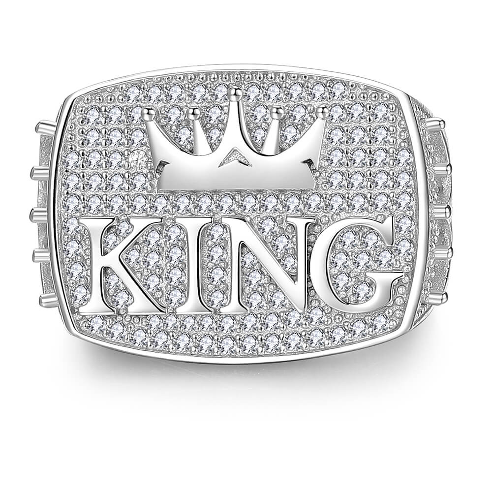Men's Round Diamond KING Crown Hiphop Ring - Jewepiter