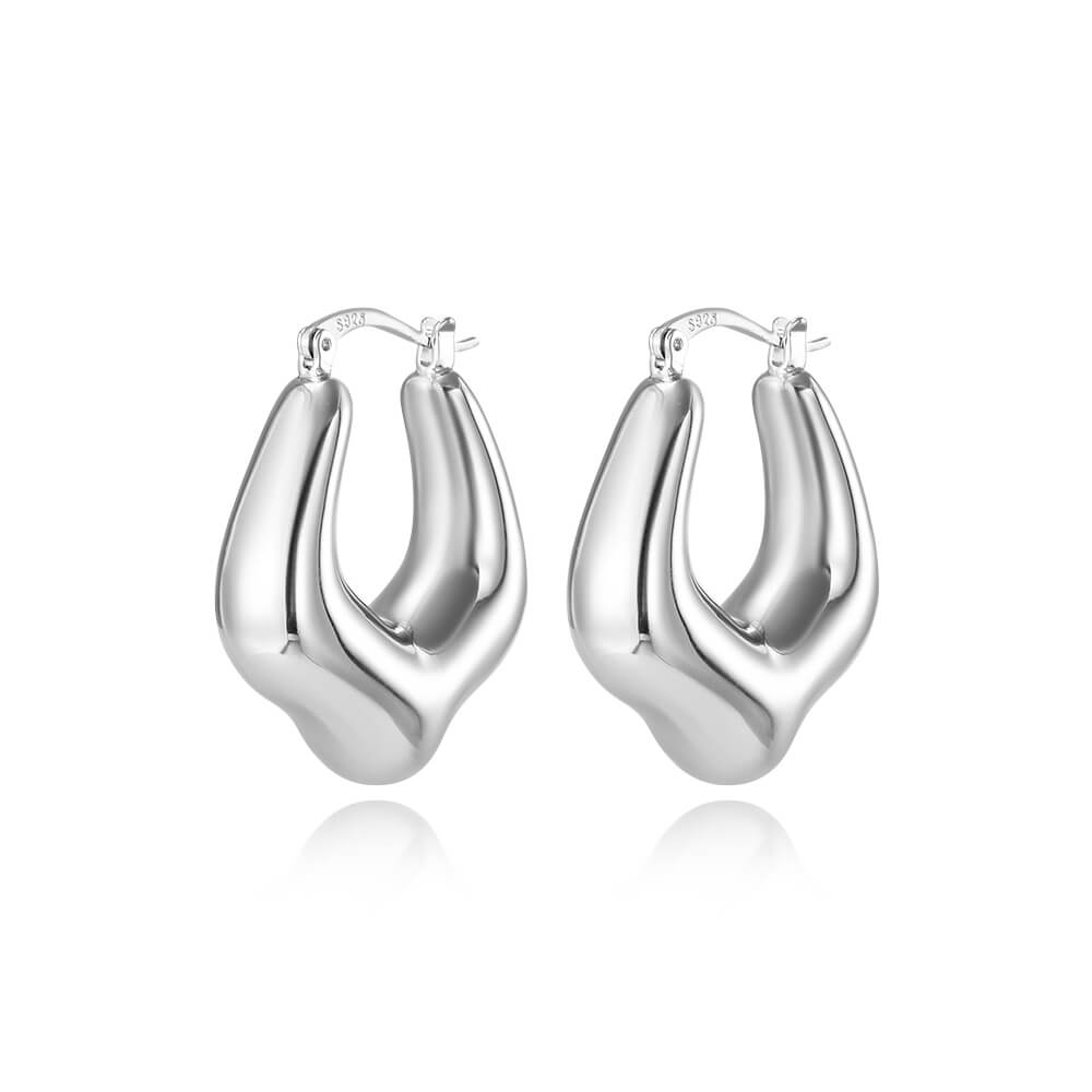 925 Sterling Silver Hollow Earrings Sculpted Abstract Hoop Design