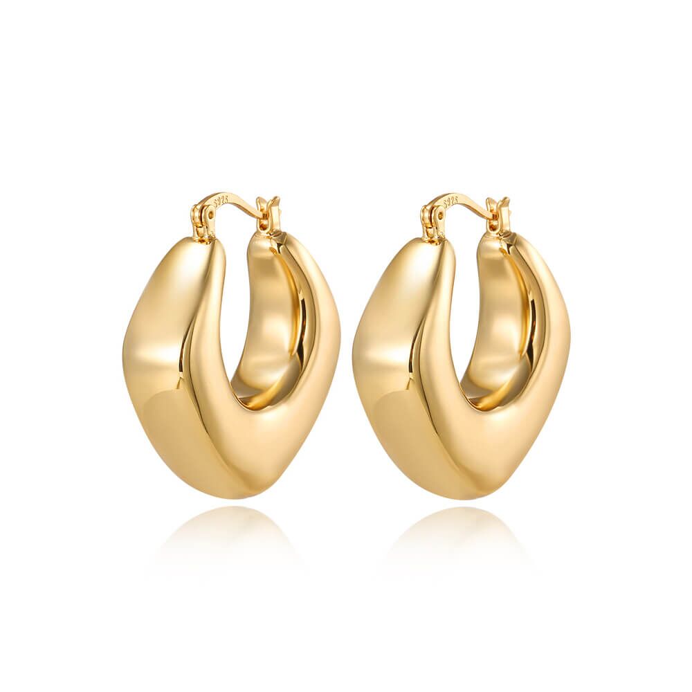 925 Sterling Silver Hollow Earrings Sculptural V-Shaped Hoop